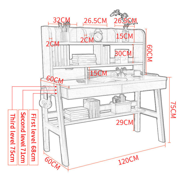 Ave Solid Wood Study Desk with Shelf and Drawers/Bookcase/Rubberwood/N ...