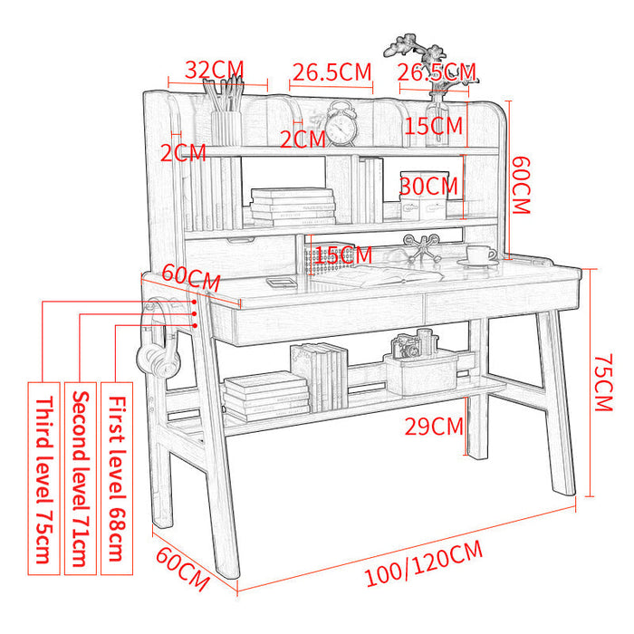 Ave Solid Wood Study Desk with Shelf and Drawers/Bookcase/Rubberwood/W ...