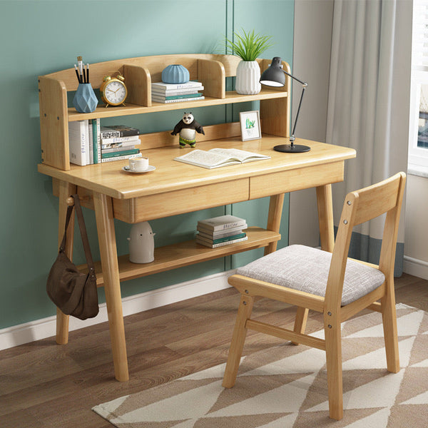 Solid Wood Study Desk with Shelf/Solid Timber/Minimal Assembly/Natural ...