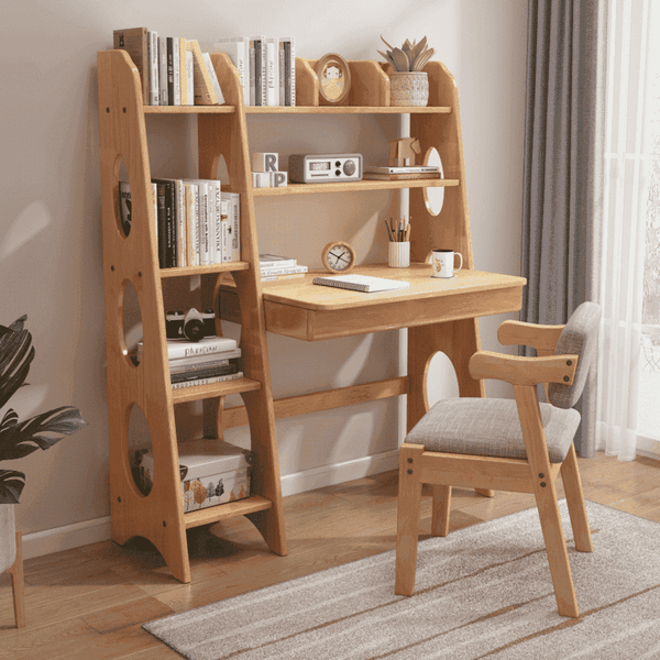 Study Desk and Chair Set Bryla 130CM Solid Wood Study Desk with Shelve ...
