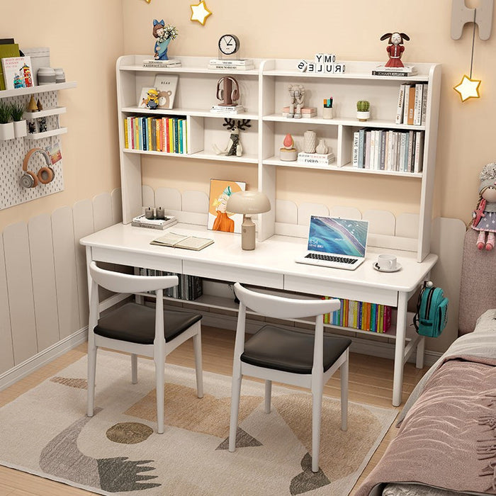 Trejan White Solid Wood Study Desk with Book Shelves and Drawers/Rubbe ...